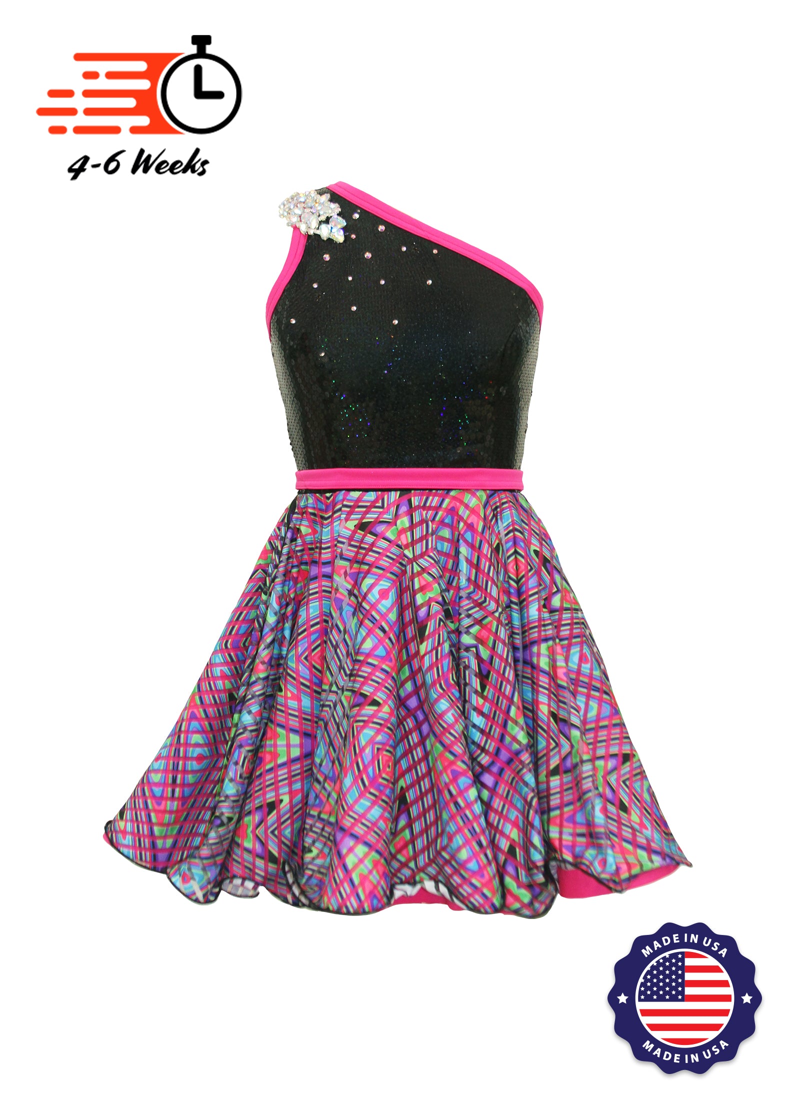 Black One-Shoulder Sequin Bodice with Fuchsia Binding and Pattern Skir ...